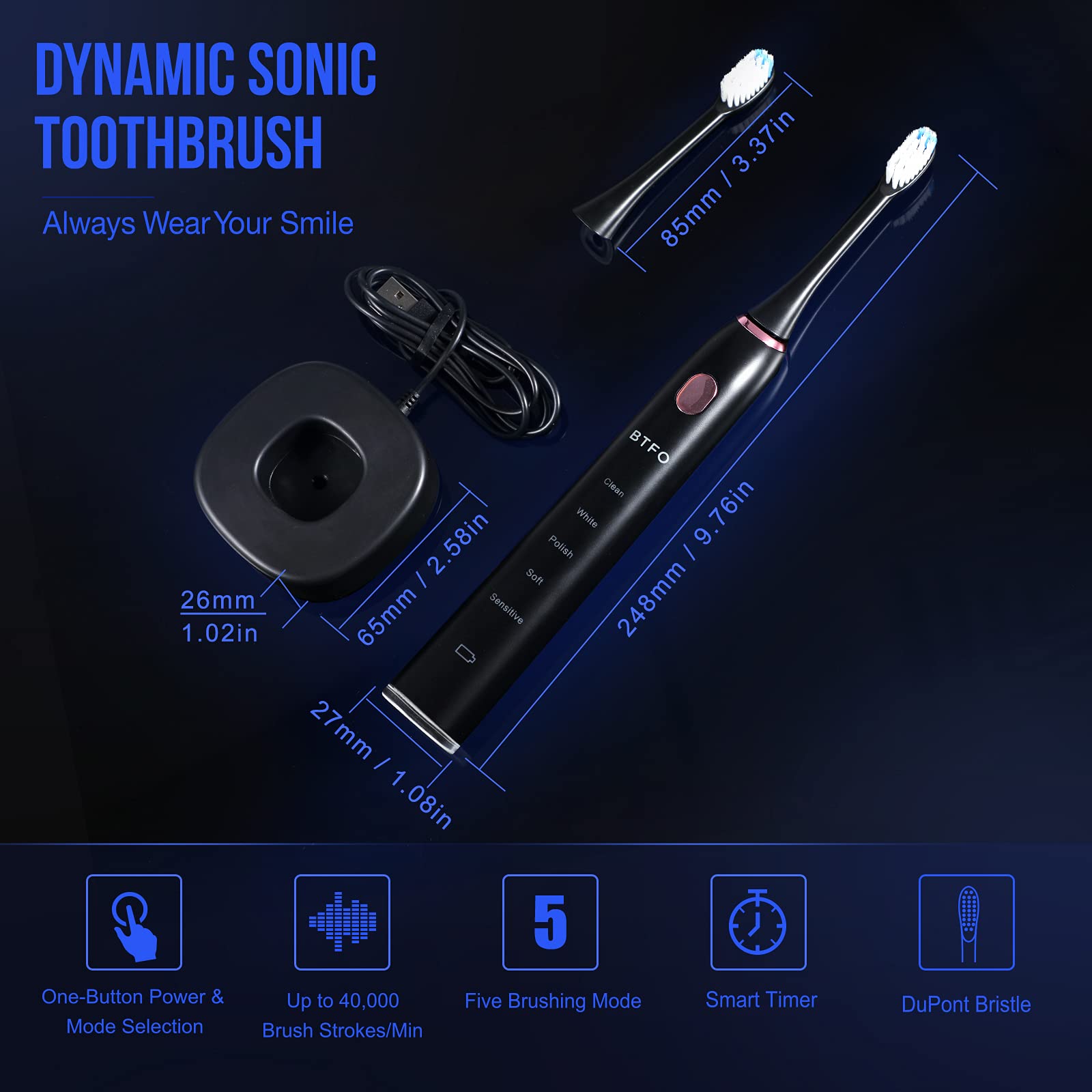 BTFO Electric Toothbrush with 5 Modes, 2pcs Replacement Brush Heads USB Rechargeable Smart Electronic Toothbrush with Holder for Adults IPX7 Waterproof Timing Fast Charging (Black, 1741-01)