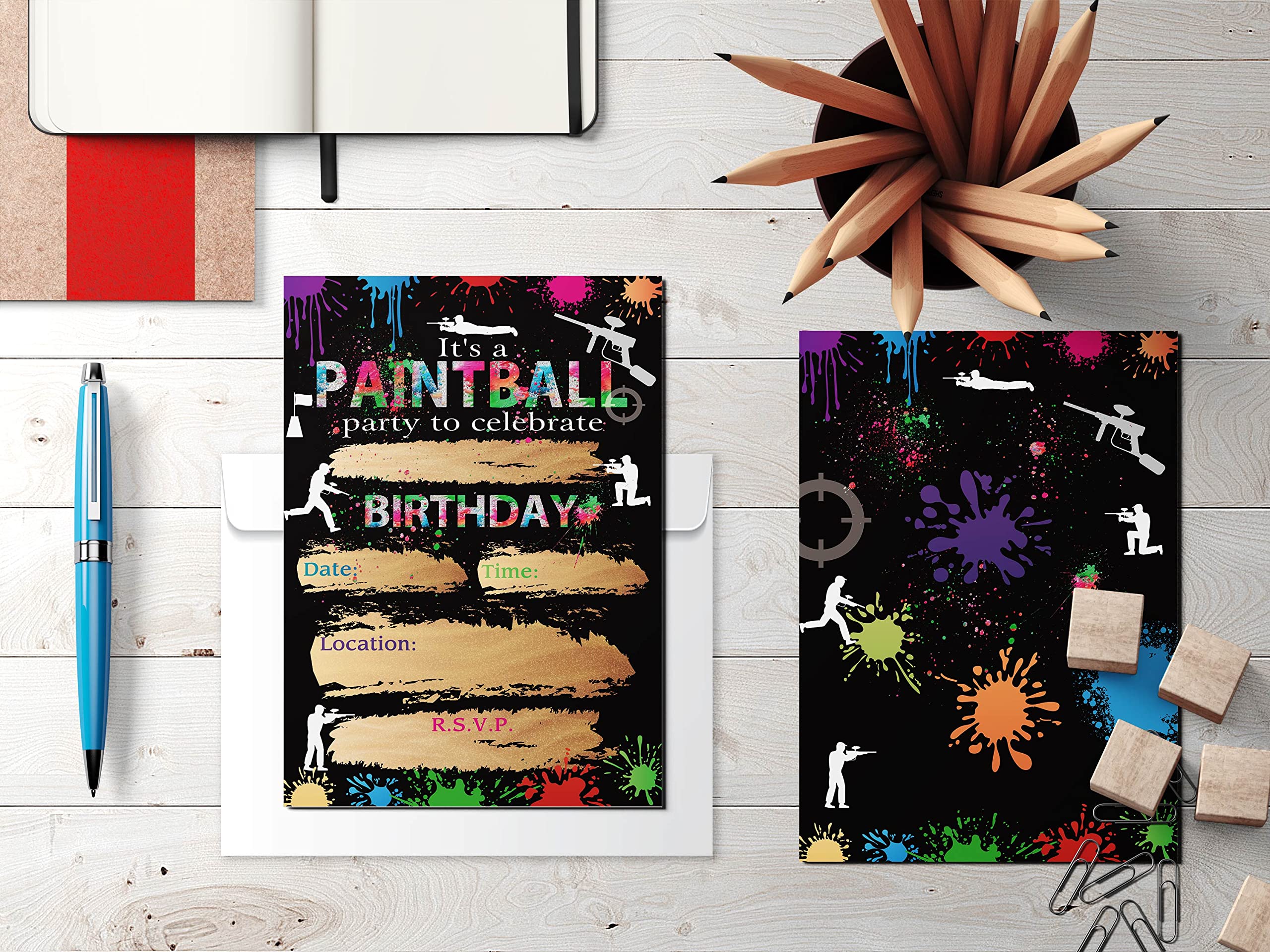 shupai Paintball Themed Birthday Party Invitations(25 Invitation + 25 Envelopes), Kids Birthday Invitations(H10H)