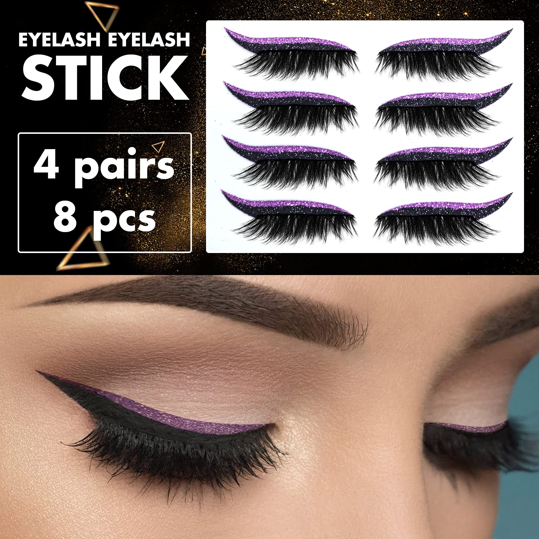 Eyelash Stickers Reusable Eyeliner and Eyelash Stickers 4 Pairs Reusable Eyelid And Eyelash Stickers Makeup Stickers Instant Outline Easy Quick Application -Women Make Up Eyeliner Stickers (Black)