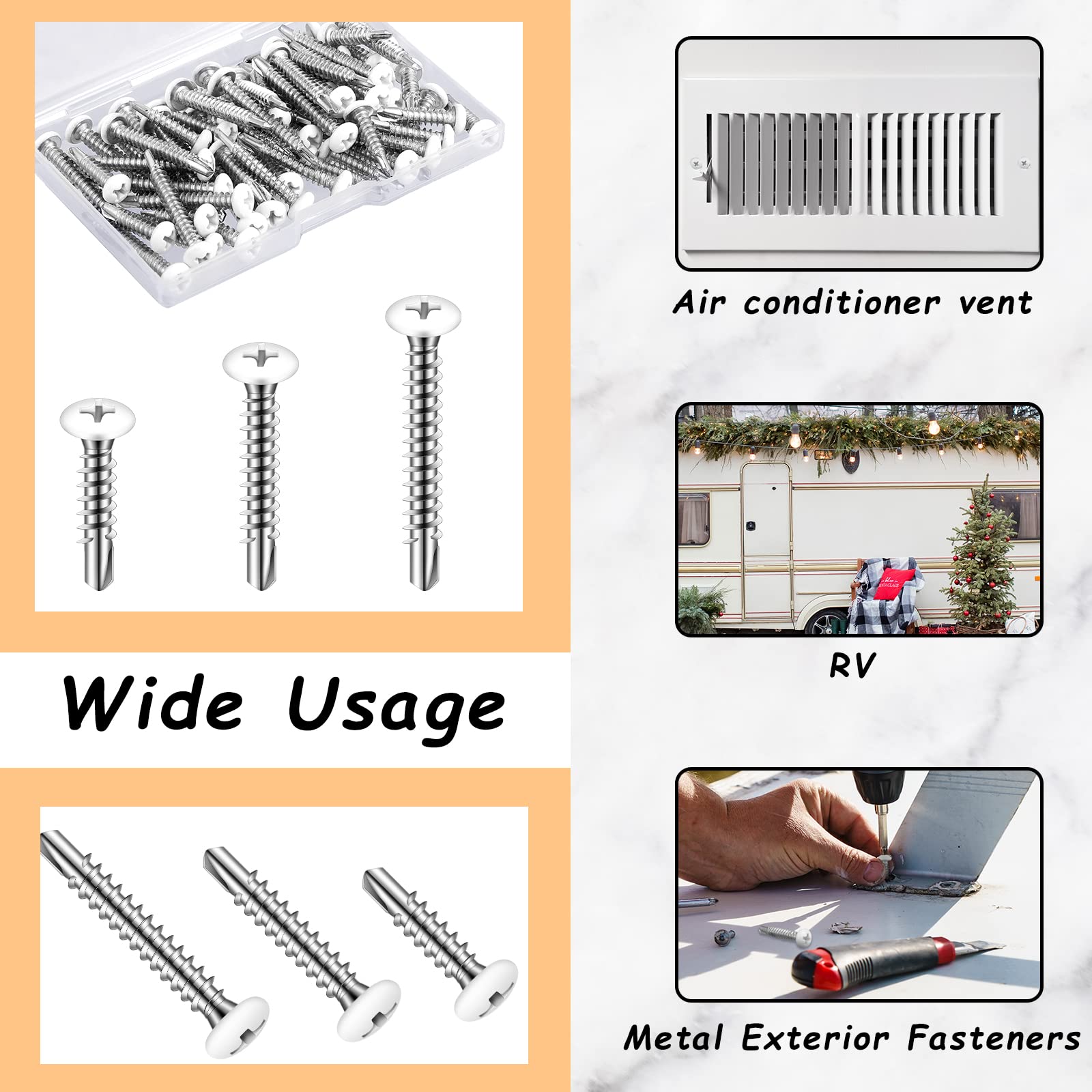 120 Pcs #8 White Pan Head Screw White Sheet Metal Screws Self Tapping Screws for Metal Quad Drive Self Tapping Drill Screws Cargo RV Exterior Fasteners, Enclosed Trailer Repair Screws,3 Sizes