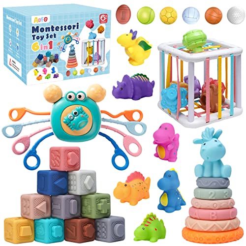 ADFO 6 in 1 Baby Toys 6to12-18 Months, Include Pull String Baby Teething Toys, Soft Stacking Blocks & Rings, Sensory Shapes, Colorful Storage Bin, Montessori Toys for 1-3 Year Old Boys Girls Gifts