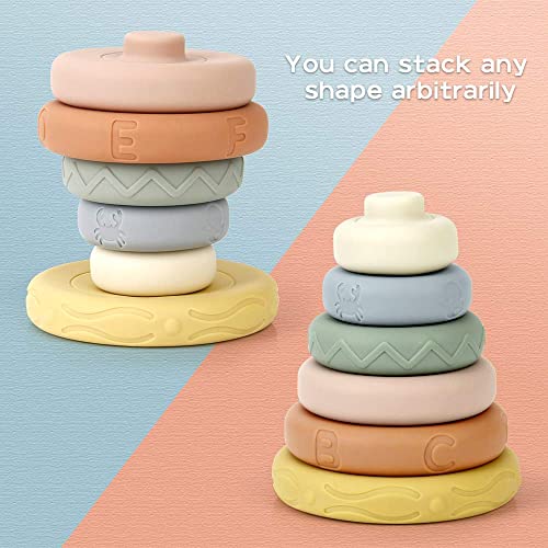 BOBXIN Stacking & Nesting Rings Toy, Soft Circle Stacker, 6 pcs Building Stacker,Teethers for Baby, Squeeze Play with Letter, Animal and Graphic, Toddler Learning Toys for 6 Month Old Boys Girls