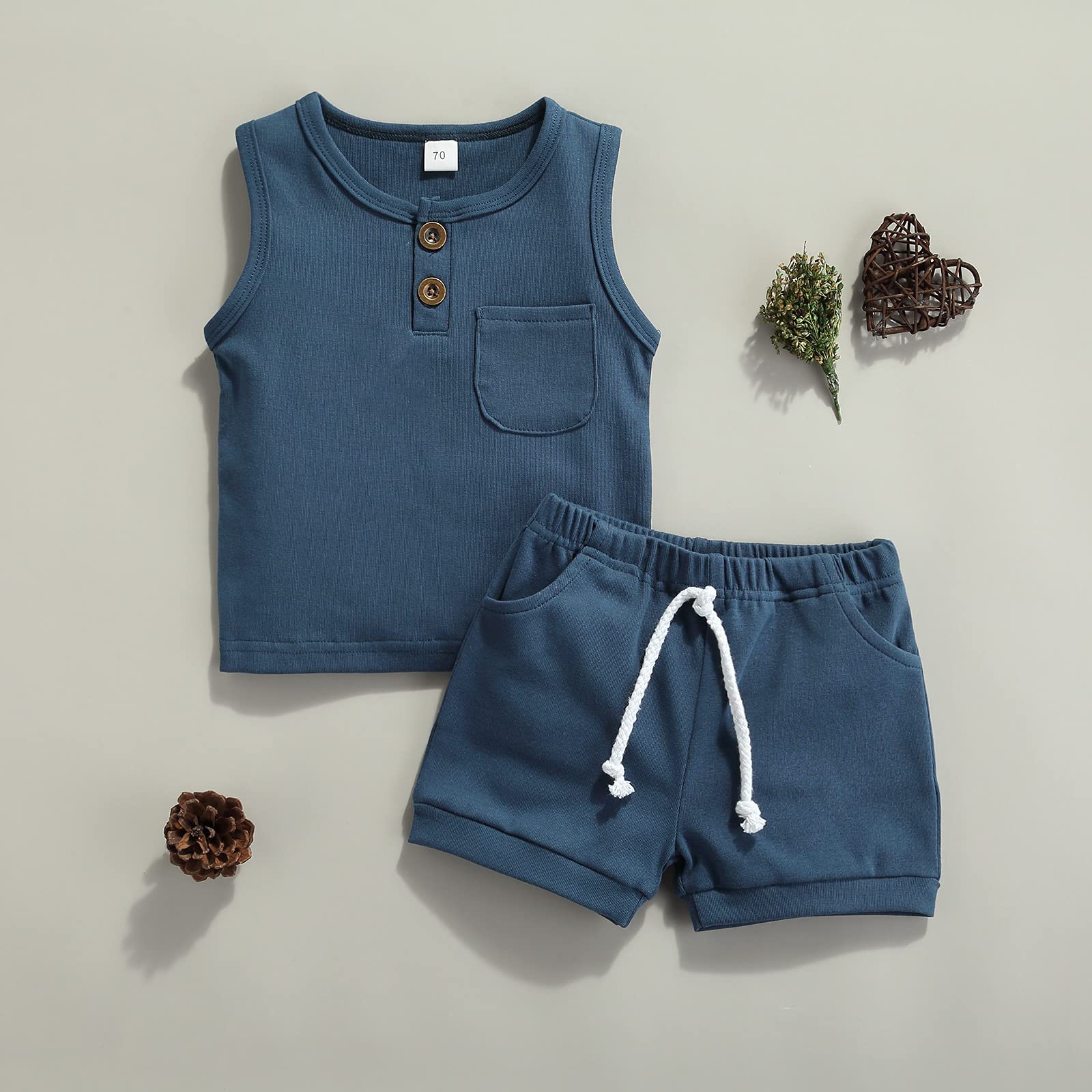 CIYCUIT 2Pcs Baby Boy Summer Clothes Infant Toddler Solid Color Sleeveless Tank Tops Shorts Set Blue 12-18 Months