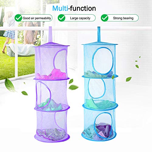 2 Pcs Hanging Mesh Storage Basket with 1 Stuffed Animals Toy Net Hammock, Hommtina Foldable Corner Organizer 3 Tier, Neatly Organize Kid’s Plush Toys and Save Space (Blue+Purple)