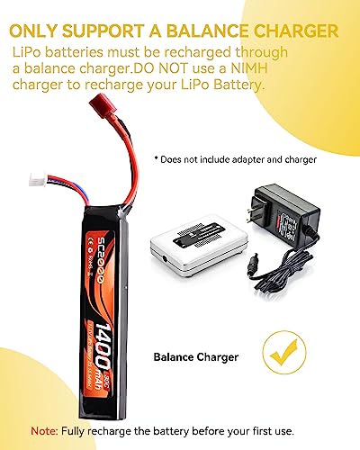 11.1V LiPo Battery Airsoft Deans Connector Rechargeable 1400mAh 30C Stick Battery with T Plug to Mini Tamiya Cable for Airsoft Guns Airsoft Rifle
