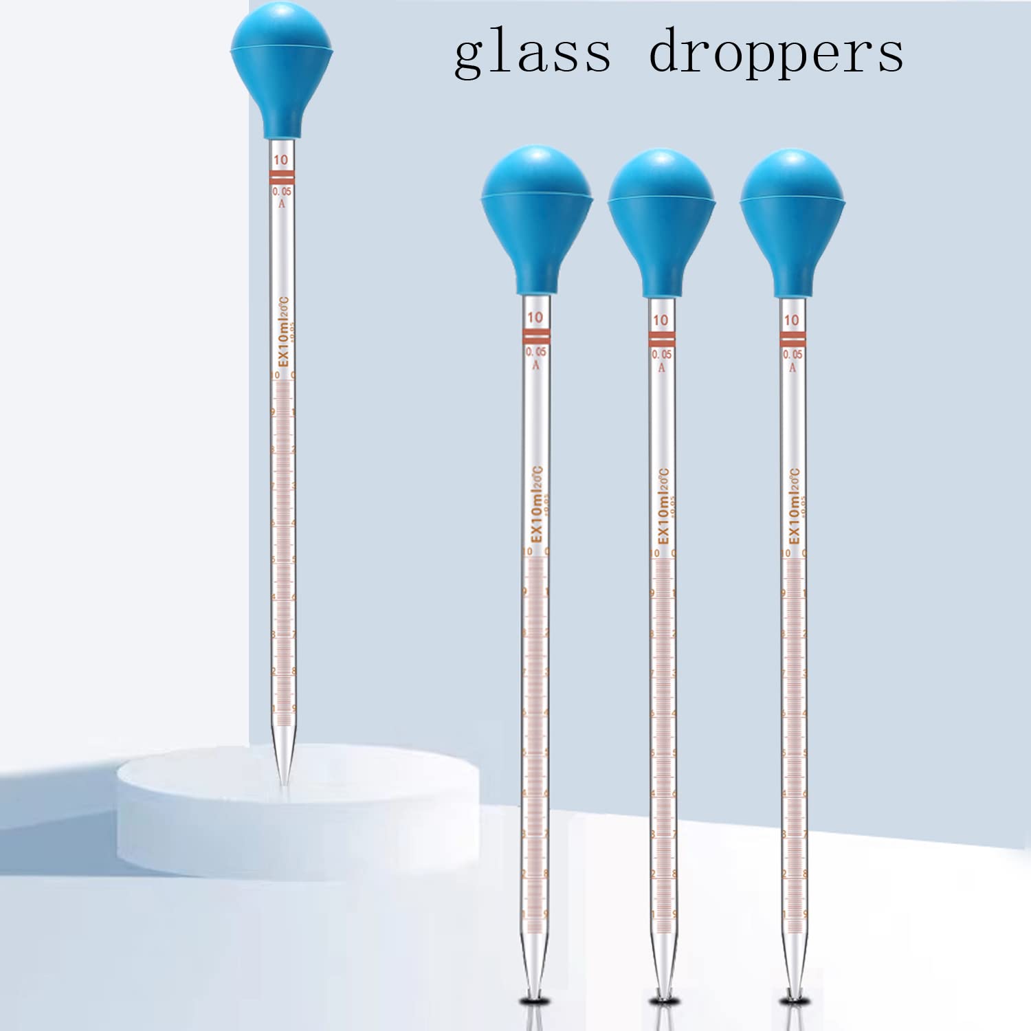 10ML Glass Graduated Droppers Pipettes Dropping Pipettes Fluid and Liquid Pipettors with Big Rubber Caps 4 Pcs
