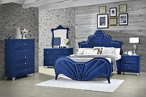 Acme Furniture 5 Drawers Velvet Chest with Button Tufted, Blue