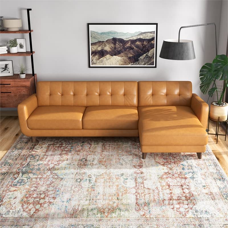 ASHCROFT Elva Mid Century L-Shaped Genuine Leather Right Facing Chaise Sectional, Light Brown Tufted Tight Back Sectional Sofa for Living Room Waiting Area Office Apartment Dorm Home, Tan