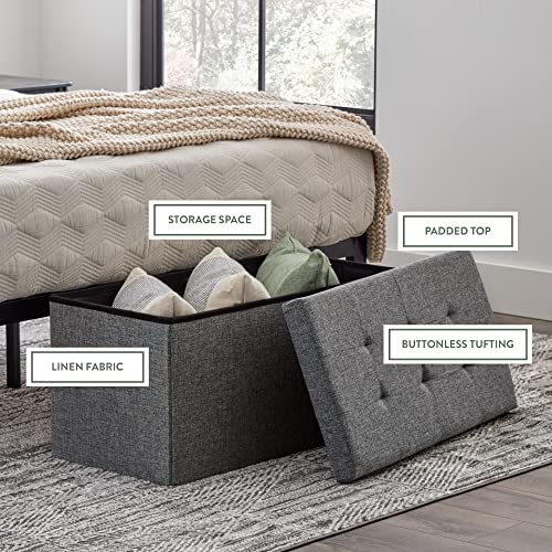 Edenbrook 30 Inch Rectangle Storage Ottoman - Buttonless Tufted Ottoman -Foot Rest-Holds 330 lbs, Grey
