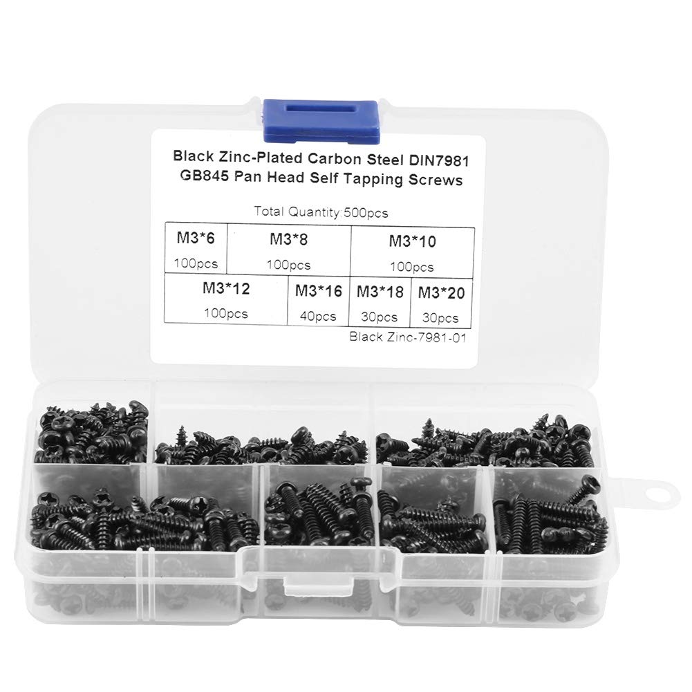 Button Head Screws, 500PCS M3 Cross Drive Button Head Self-Tapping Screws Fastener Assortment Set with Plastic Box Head Bolts Stainless Button Head Screws (Black Carbon Steel)