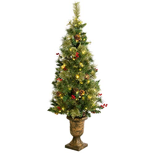 AsterOutdoor Pre-lit Christmas Tree 4ft Artificial Potted Fir with Lights Holly Berries Pine Cones Stands for Indoor Porch Table, Xmas Holiday Decoration, Easy Assembly