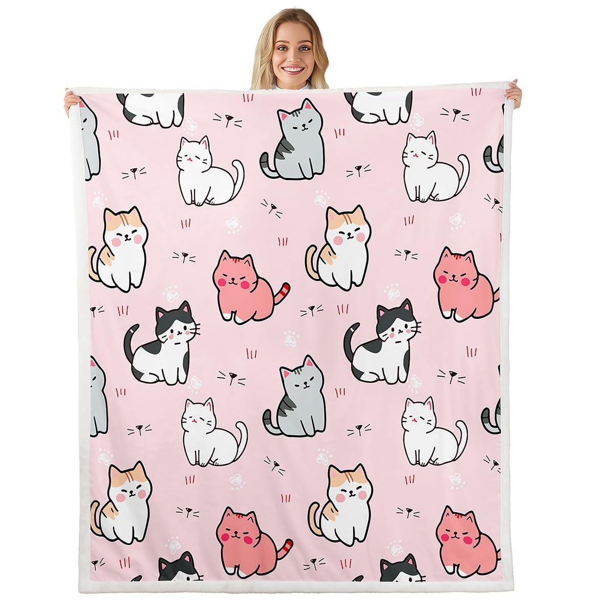 Erosebridal Cartoon Cat Sherpa Blanket,Cute Kitten Print Blanket for Kids Boys Girls Toddler Cat Lover,Cat Paw Print Throw Blanket for Bed Sofa Couch,Kawaii Pet Theme Plush Blanket Pink Baby 30"x40"