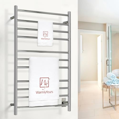 WarmlyYours Polished Radiant Electric Heated Towel Warmer, 11 Bar, Hardwired, Overheat Protection, Integrated On/Off Switch, Stainless Steel