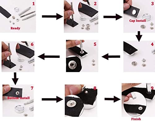 24 Sets Heavy Duty Leather Snap Fasteners Kit, BetterJonny 15mm Metal Snap Buttons Press Studs Leather Rivets Snaps with 4 Setter Tools for Clothes Bracelet Jackets Jeans Gun Black