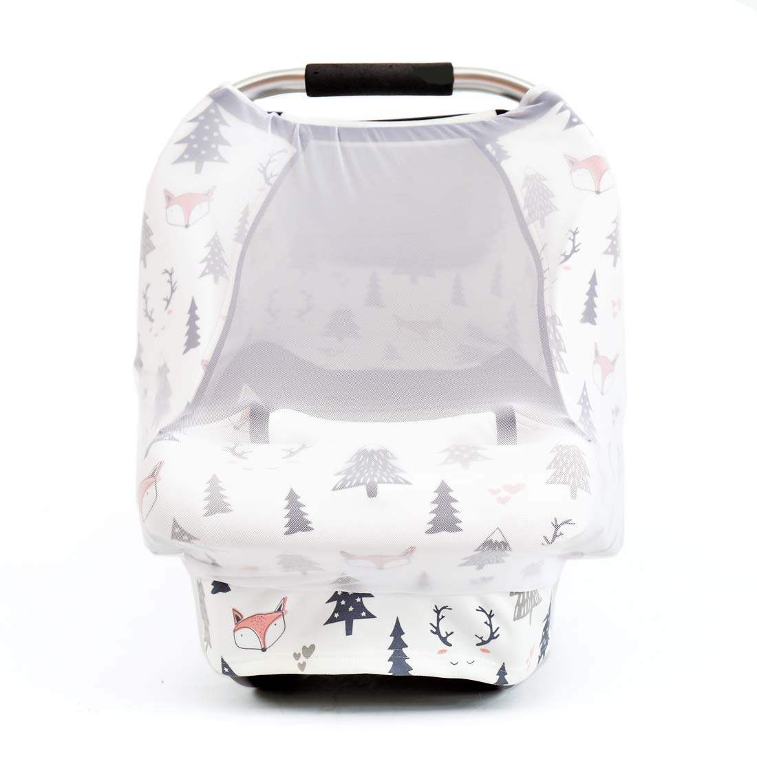 Stretchy Baby Car Seat Covers for Boys Girls, Infant Car Canopy for Spring Autumn Winter, Snug Warm Breathable, Zipped Window,Universal Fit,Forest Fox
