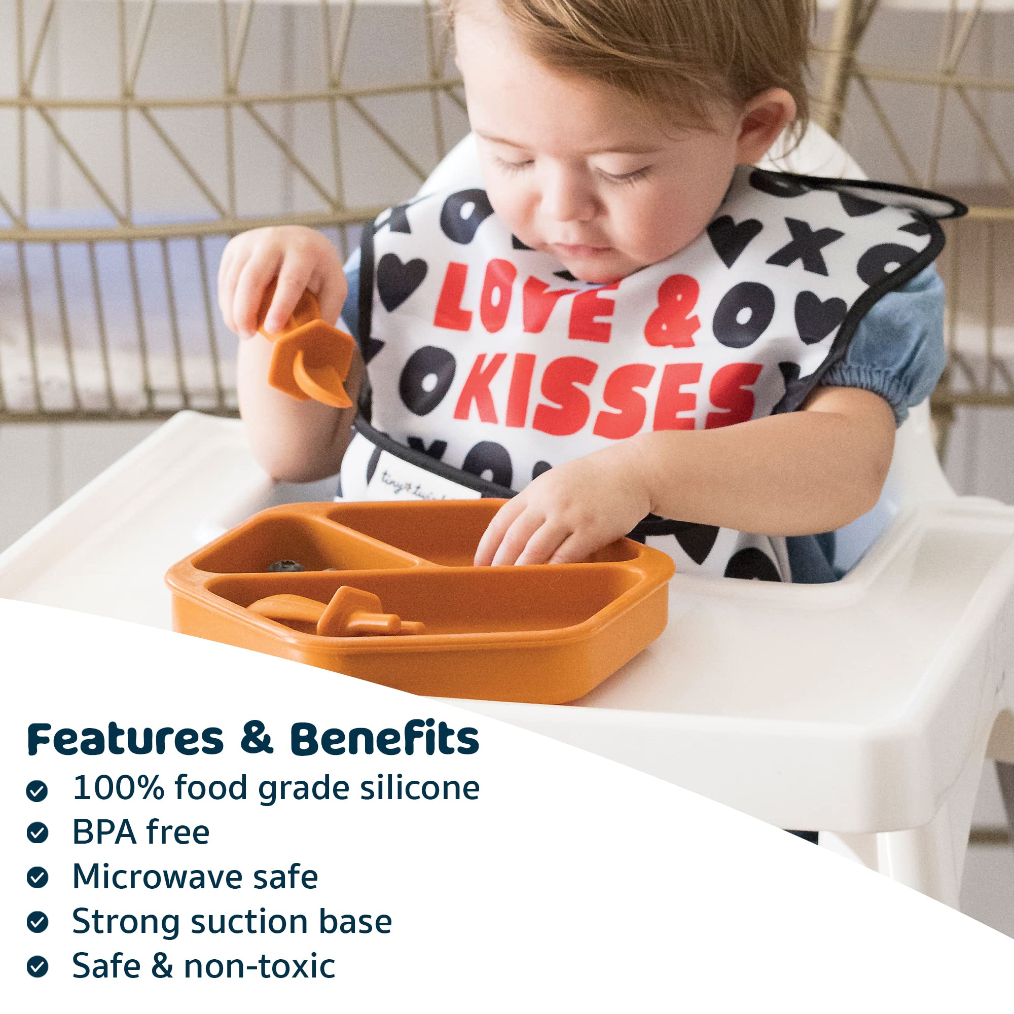 Tiny Twinkle Silicone Suction Baby Plate, Suction Grip Divided Dish for First Foods and Self-Feeding Toddlers, Baby Led Weaning Supplies for Independent Eating (Cinnamon Plate)