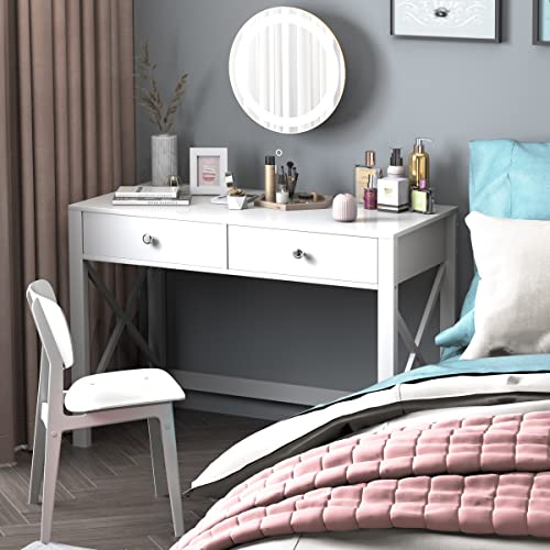 EdMaxwell White Home Office Desk with Drawers, Modern Writing Computer Desk, Small Makeup Vanity Table Desk for Bedroom, Study Table for Home Office
