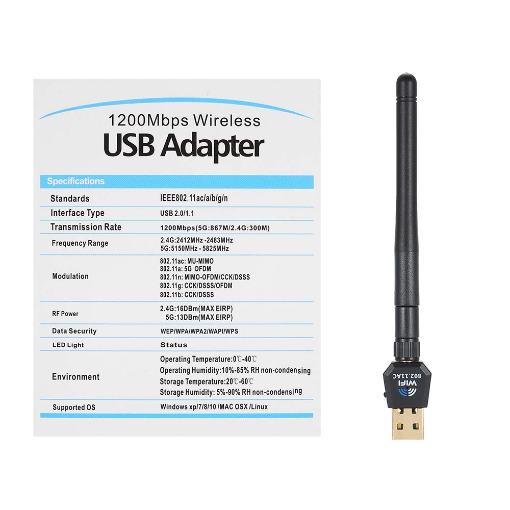 1200Mbps USB WiFi Adapter USB Wireless Adapter Daul Band (2.4G/300M+5G/867M) 802.11 ac for Desktop PC WinXP/Vista/7/8/8.1/10