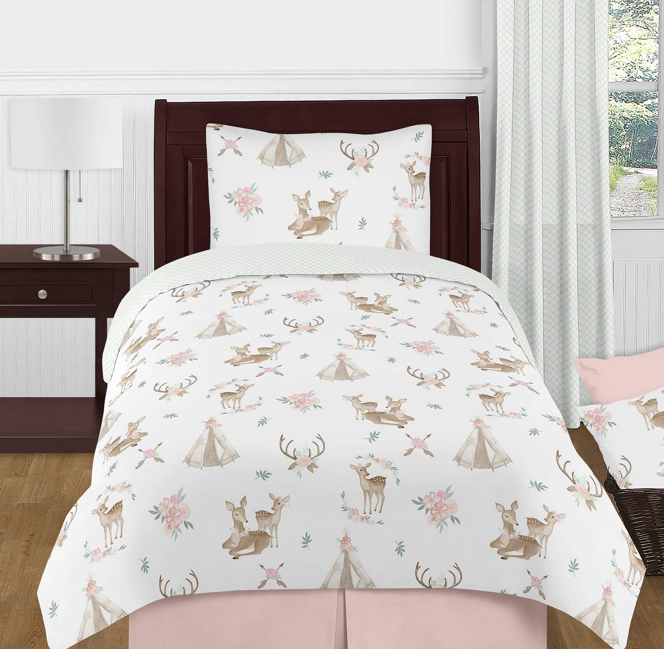 Boho Woodland Deer Floral Peel and Stick Wall Decal Stickers Art Nursery Decor by Sweet Jojo Designs - Set of 4 Sheets - Blush Pink, Mint Green and White