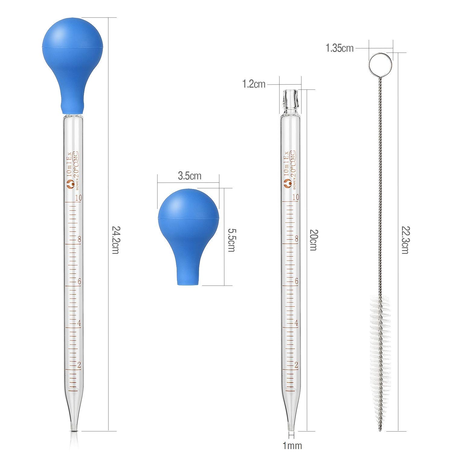 2Pcs Glass Graduated Dropper Pipette for Liquid Essential Oil, 10ml Lab Dropper Pipettes Transfer with Rubber Cap and 1Pc Cleaning Brush
