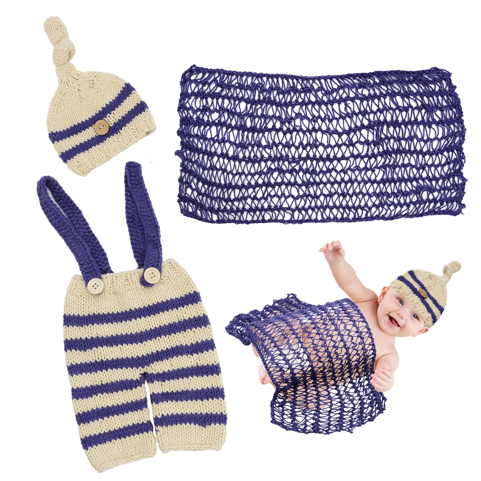 3 PCS Newborn Photography Prop Baby Hat Knitted Handmade Cover Diaper with Toddler Swaddle Blankets Wraps for Infant Boy Girl Princess Twins