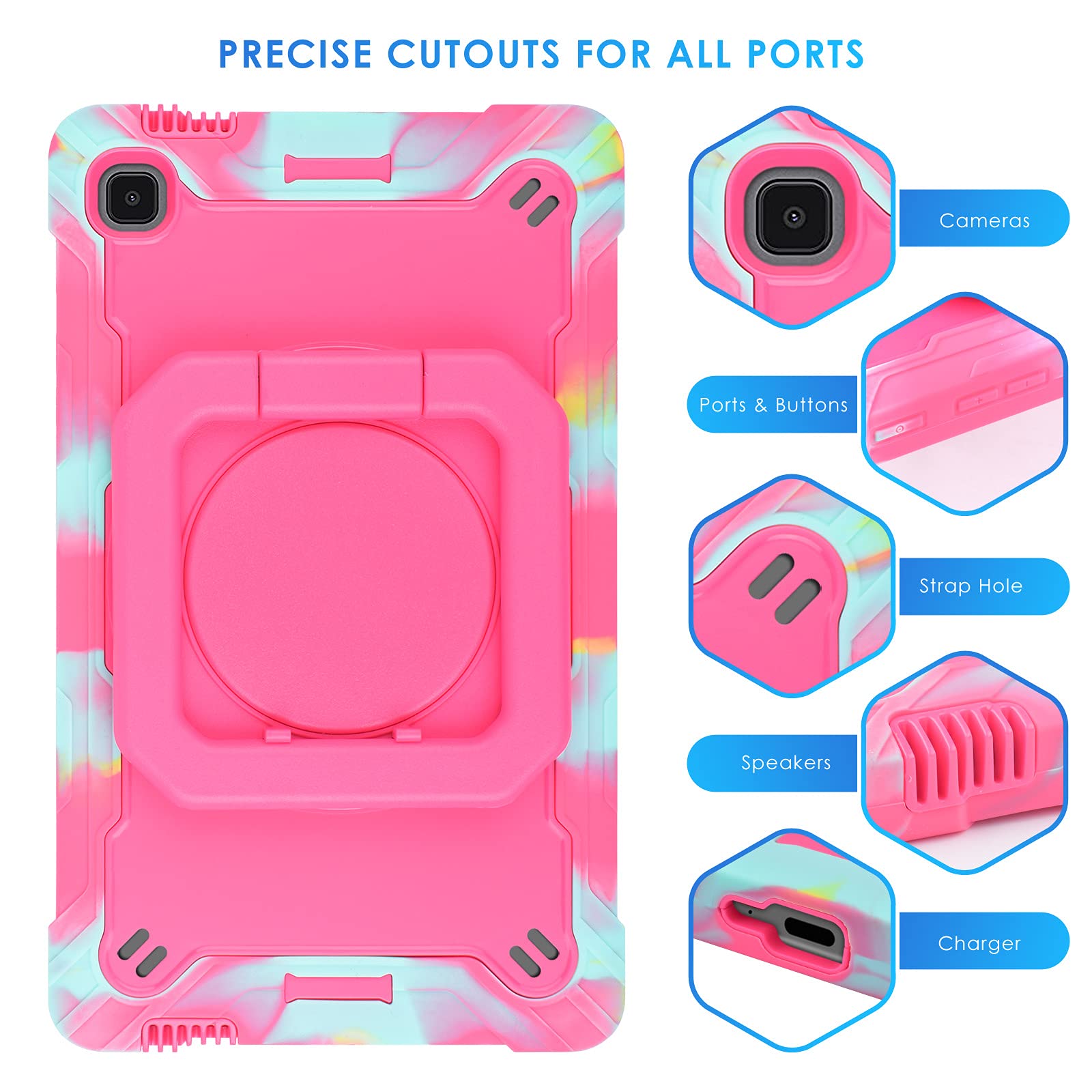 DETUOSI Case for Samsung Tab A7 Lite 8.7 inch 2021 Release SM-T220/T225/T227u, Shockproof Protective Cover for Galaxy Tab A7 Lite 8.7 inch (360°Rotatable Stand & Shoulder Strap), Camouflage Rose Red