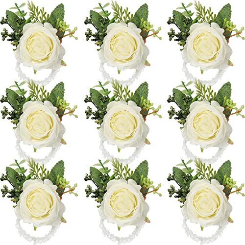 12 Pcs Rose Wrist Corsage Bracelets Wedding Bridal Wrist Flower Hand Flower Decor Wrist Flower Wristband for Bride Bridesmaid Homecoming Prom Party Decor (White Elegant)