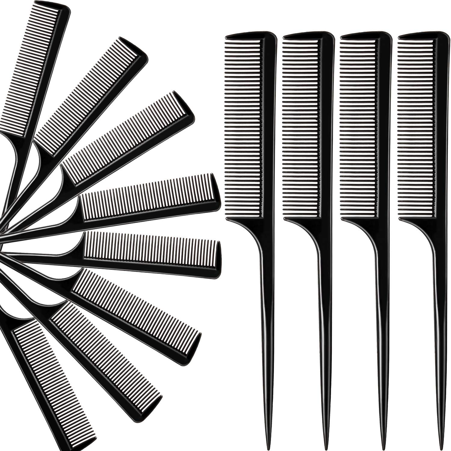 Boao 12 Pack Rat Tail Comb Styling Plastic Anti Static Heat Resistant Tail Comb for All Hair Types Fine Tooth for Men and Women(Black)