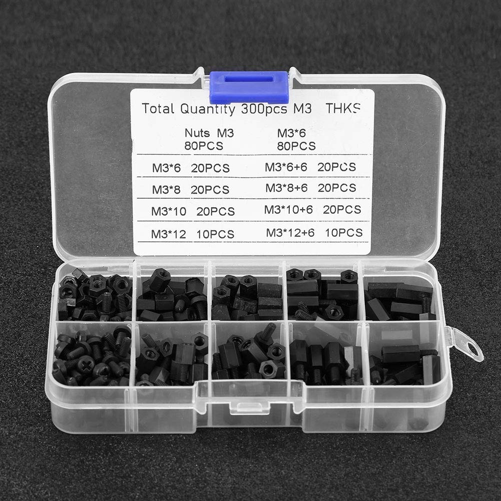 300pcs Black M3 Male Female Standoffs Screws Nuts Assortment Kit with Box Widely Used in Machinery Industry, Electronic Industry, Testing Equipment, Electric Equipment