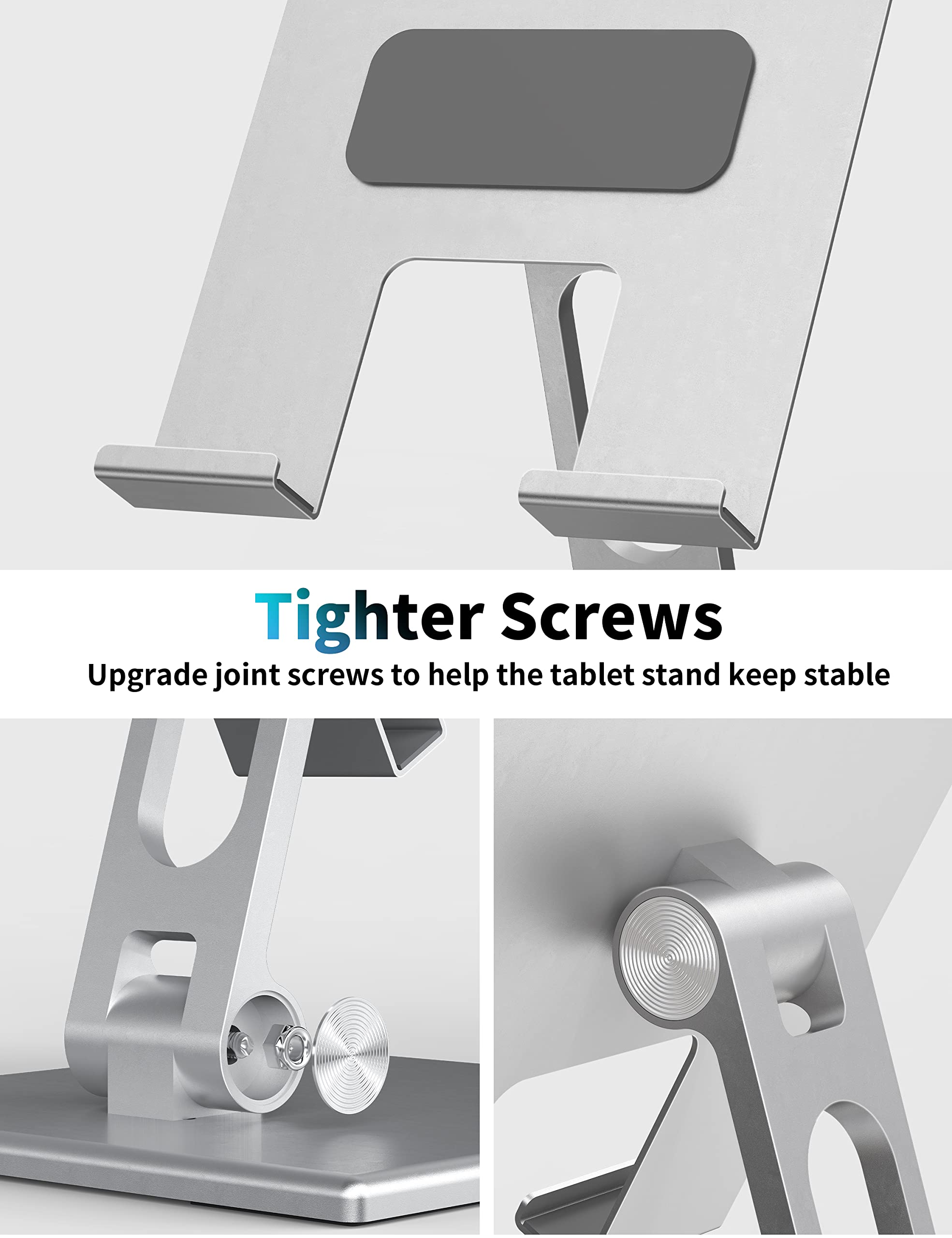 ALASHI Tablet Stand for Desk, Stable Holder with Heavy and Thickened Metal Base for Large Tablet Device, Multi-Angles Adjustable and Foldable, Universal Supports 4-13.3 Inches Tablet, Silver