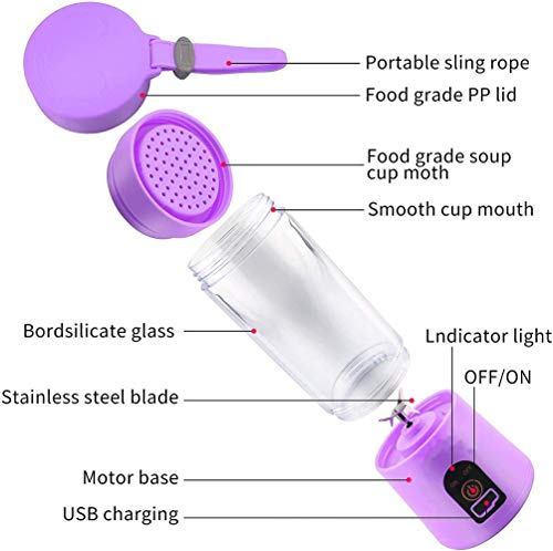 Aizbao Portable Blender, 380ml Six Blades 3D Juice cup, Small Fruit Mixer, Personal Mixer Fruit Rechargeable with USB, Mini Blender for Milk Shakes, Smoothie, Fruit Juice (Purple)