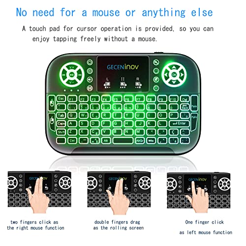 Gecen Mini Wireless Keyboard with RGB Backlit, 2.4GHz Wireless Mini Keyboard Rechargeable Controller with Touchpad Mouse Combo, Compatible with Android TV Box, IPTV, HTPC, Smart TV, PC,etc.