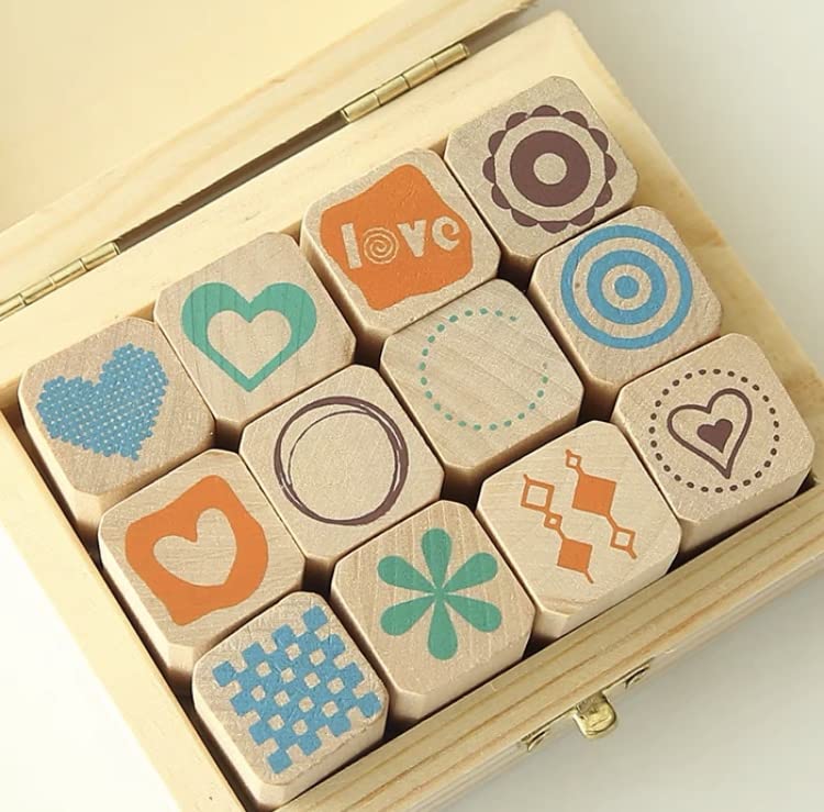 12 Pcs Wooden Rubber Stamps Mini Cute DIY Diary Stamps Set with Wooden Box