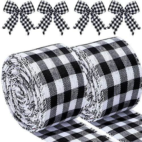 2 Rolls Wired Edge Ribbons Buffalo Plaid Burlap Ribbon Farmhouse DIY Gift Wrapping Crafts for Christmas Bow Wreath Tree Decoration (White Black Plaid, 2.5 Inch Wide, 472 Inch)