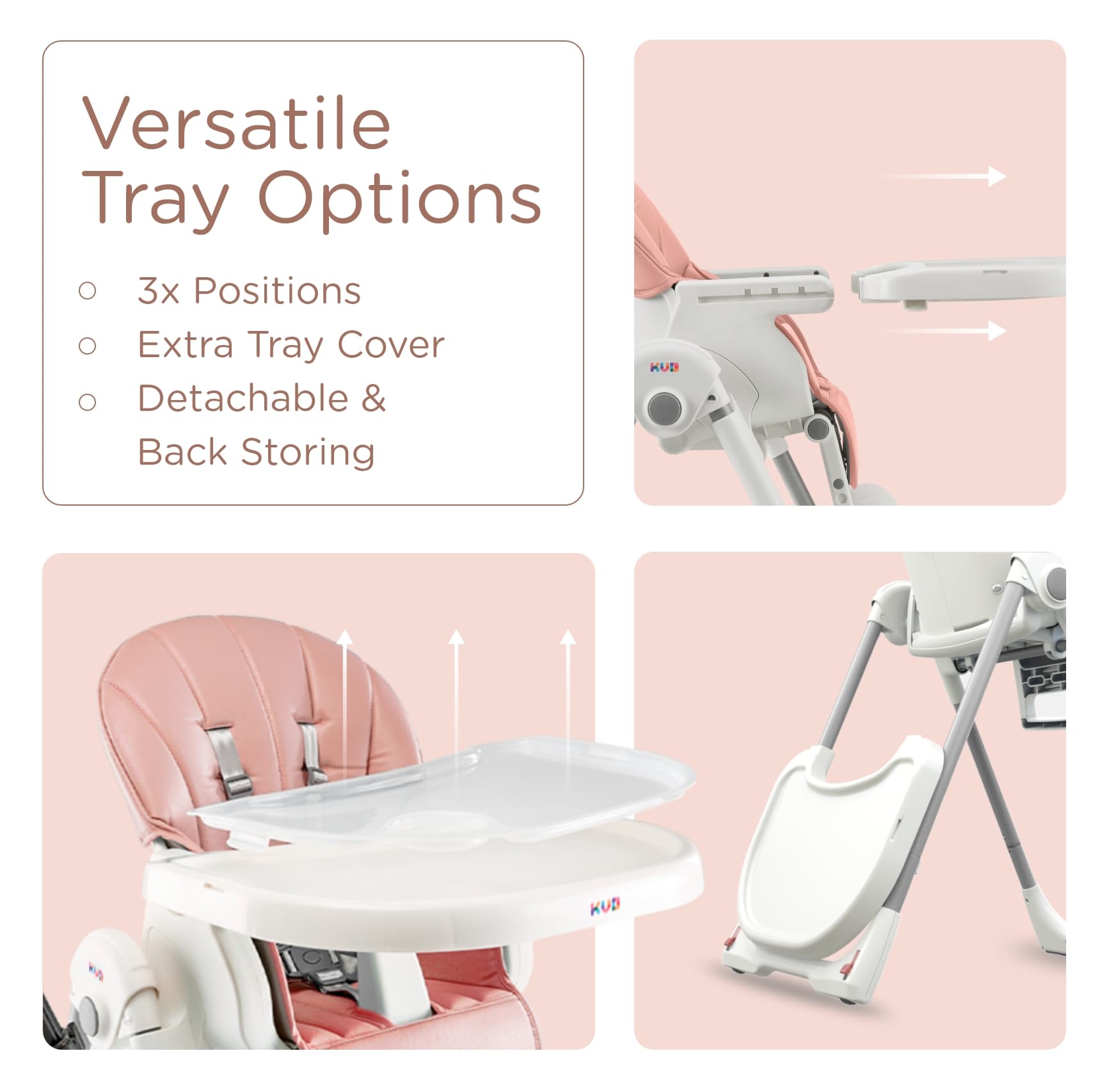KÜB 3-in-1 Foldable Baby High Chair | 7 Height & 4 Recline Adjustable | Removable Seat & Tray for Easy Clean | 2 Locking Wheels | Multifunctional Infant Highchair for Babies Toddlers Girl (Pink)