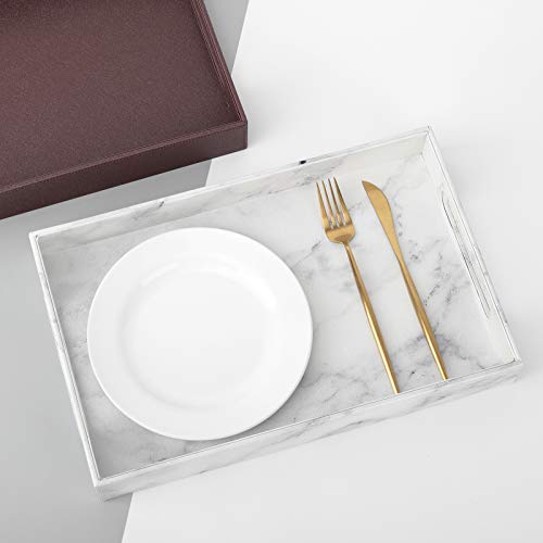 Lewondr Serving Tray with Wide Handles, PU Leather Ottoman Cofee Table Serving Tray, 14.96"x9.45"x1.97" Decorative Tray for Perfume Cosmetic Jewelry Key, Countertop Storage Organizer - Marble White
