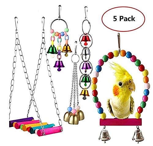 5 Pieces Birds Toys, Cages Decorative Accessories, Hanging Hammock Bell Swing Chewing Toys for Parrots, Small Parakeet, Parakeet, Conure, Cockatiel, Love Birds, Mynah