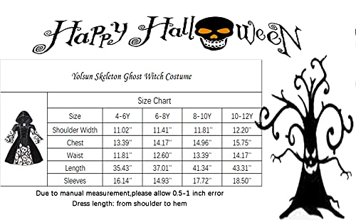 yolsun Skeleton Ghost Witch Costume for Girls, Glow in The Dark, Halloween Fearsome Costume(10-12 Years)