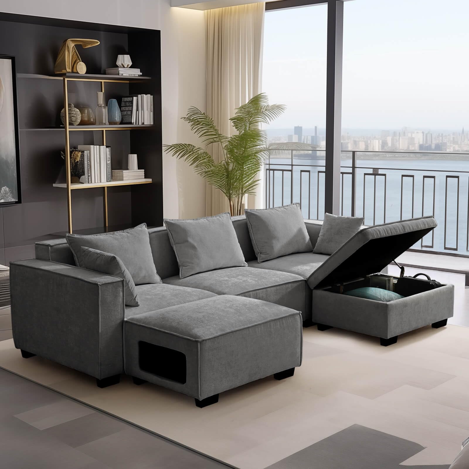 108.7 Inch Convertible U Shape Sectional Sofa, Modern Chenille Fabric, L Shaped 5 Seater Living Room with Chaise, High Support and Soft Foam with Storage and Cat Hole Footstool