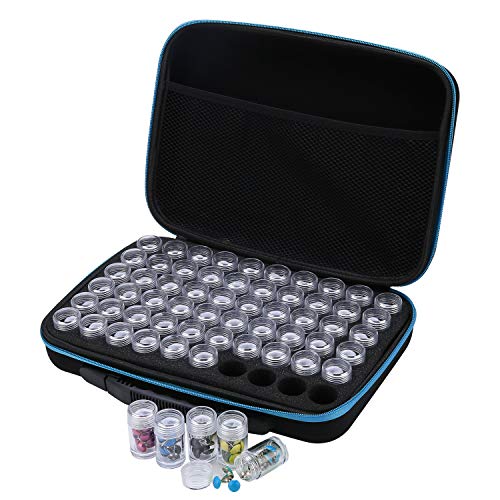 60 Slots Diamond Painting Storage Case, Shockproof Diamond Art Craft Accessories Containers for Jewelry Beads Rings Charms Glitter Rhinestones Come with 60 Plastic Jars (Blue)