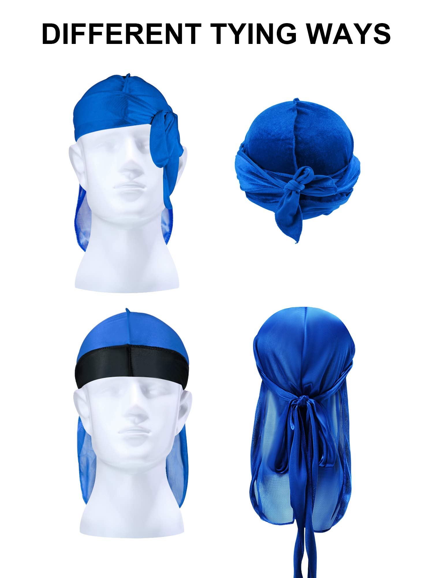 2 Pieces Silky Satin Baby Durags Kids Satin Durag Caps Headwraps with Long Tail and Wide Straps for 360 Waves (Black, Royal Blue)