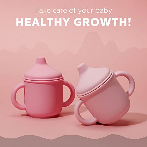 2 Pcs Silicone Sippy Cup Training Cup for Baby 6 Months+ Soft Baby Cup with Straw Spill Proof Sippy Cups for Toddlers with Handles and Spout Lid Easy Grip 5 Oz (Pink Series, Solid Style)