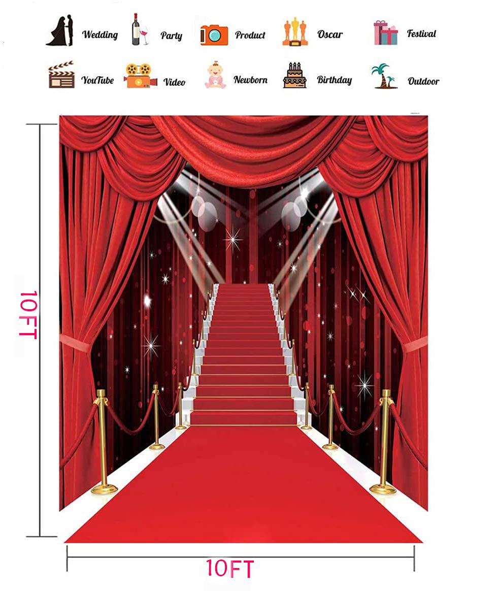 10X10FT Hollywood Theme Party Decorations Photo Backdrops Red Carpet Backgrounds Vinyl Photography Background Backdrops for Wedding Birthday Party Decoration CY-053