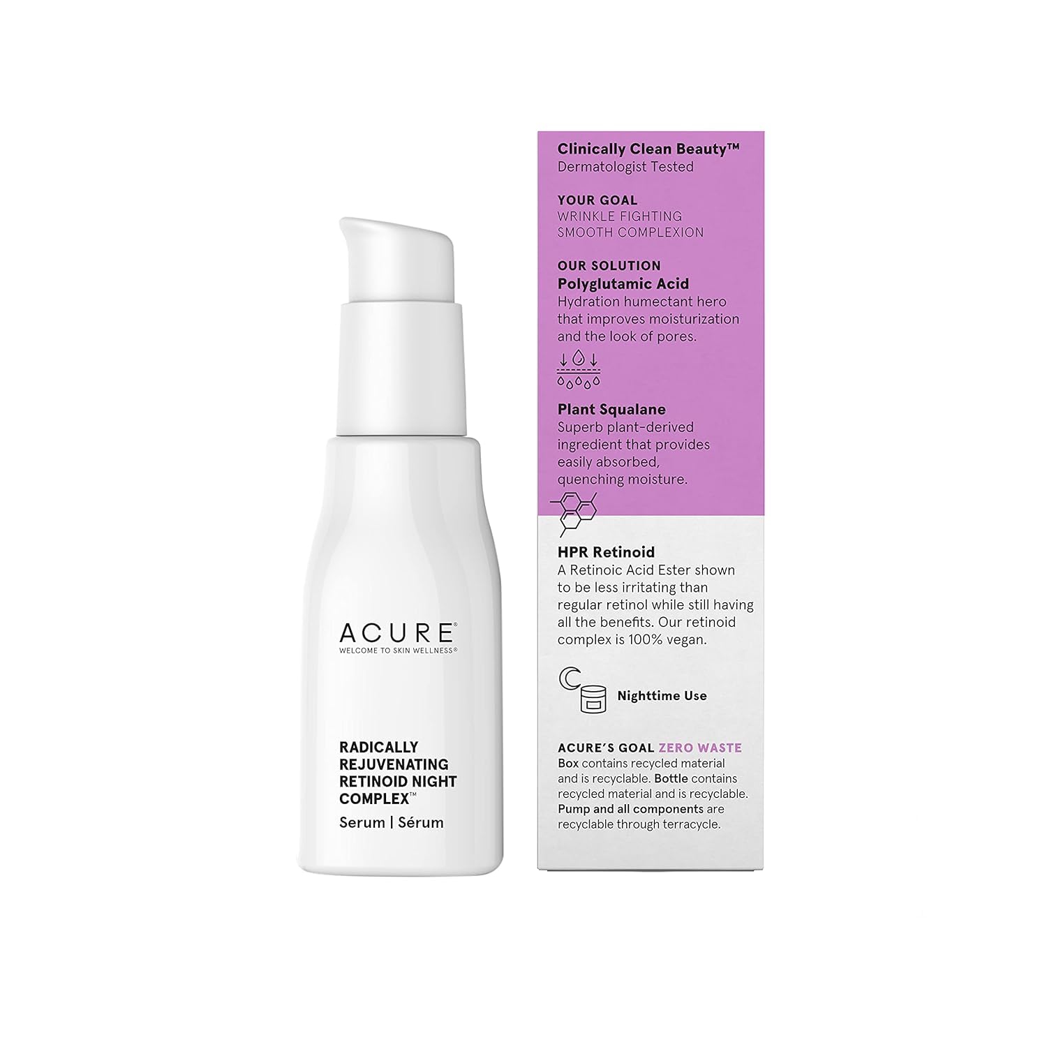 Acure Radically Rejuvenating Retinoid Overnight Complex, Moisturizer Night Treatment, Fight Wrinkles & Anti-Aging Support with Plant Squalane, Polyglutamic Acid & Hyaluronic Acid 100% Vegan -1.7 fl oz