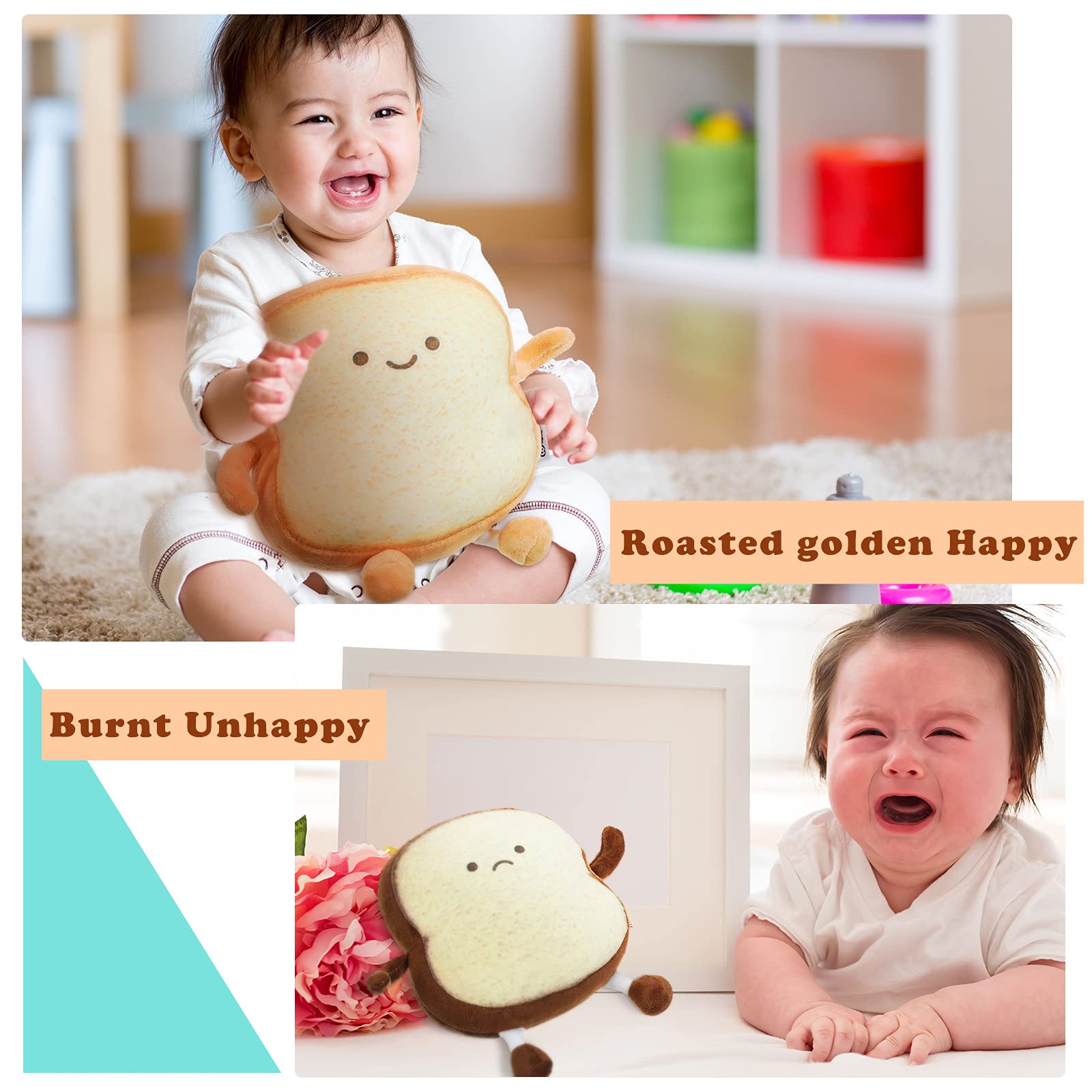 2 Pieces Toast Bread Pillows Bread Shape Pillows 2 Styles Funny Food Bread Pillow Facial Expression Stuffed Plush Toast Sofa Pillow Food Cushion Stuffed Toy for Kids Adults Home Room Decor