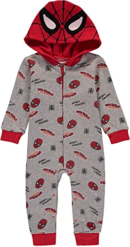 SPIDER-MAN Spiderman Baby Boys Bodysuit One Piece - Long-Sleeve Hooded Jumpsuit - Baby Boy Clothes (Grey/Red/White, 6-9M)