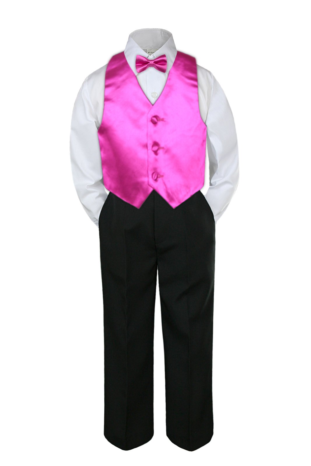 4pc Baby Toddler Kid Boy Party Suit Black Pants Shirt Vest Bow tie Set Sm-4T (4T, Fuchsia)