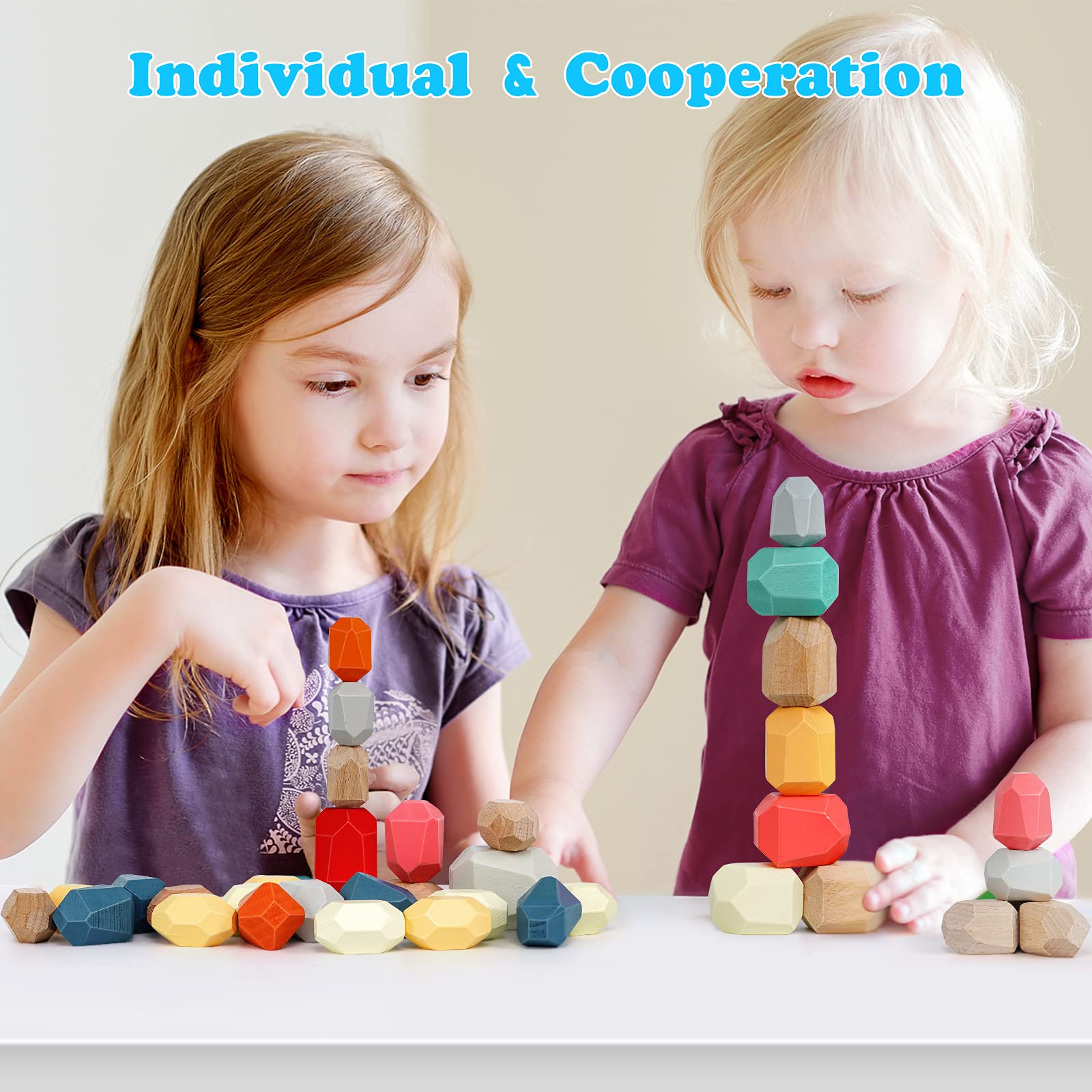 36PCS Wooden Sorting Stacking Rocks Building Blocks for 3 4 5 6 Years Old Kids, Balancing Stones Game Educational Preschool Learning Montessori Toys Toddler Fine Motor Skill Sensory Toy, Boy Girl Gift