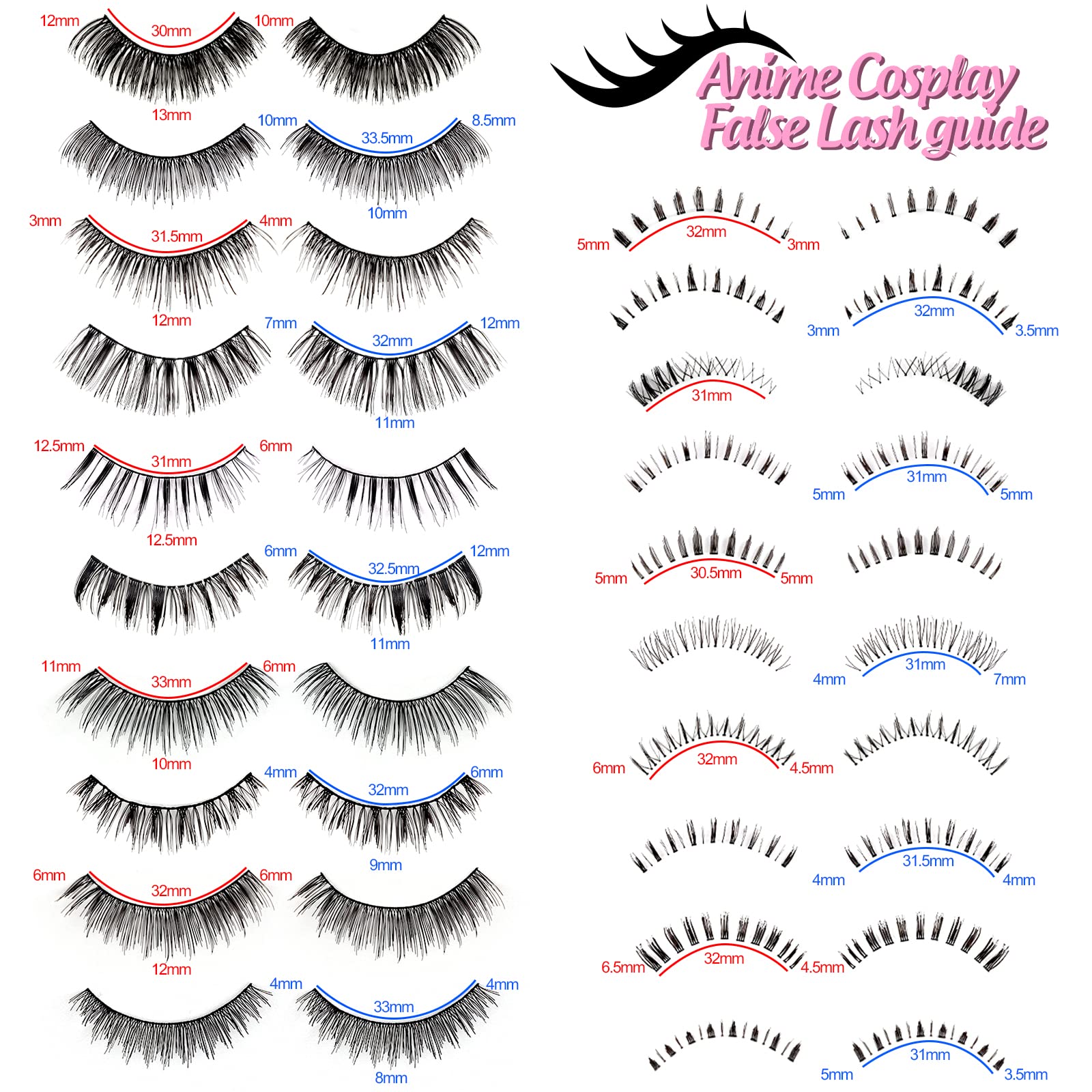 20 Pairs False Eyelashes, Top and Bottom Lashes Set, Wispy Mink Lashes Lower Lashes, Faux Mink Anime Lashes Reusable Lashes for Cosplay with Eyelash Applicator