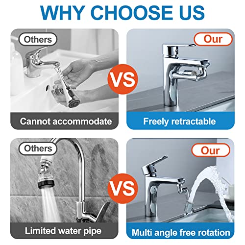 1440° Rotating Faucet Extender Aerator 1080°+360° Universal Large Angle Robotic Arm Water Nozzle Swivel Faucet Extender for Face Washing Gargle and Eyewash with 2 Water Outlet Modes